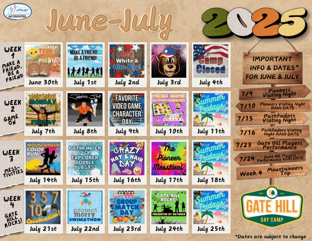 2026 Special Events Calendar - Gate Hill Day Camp
